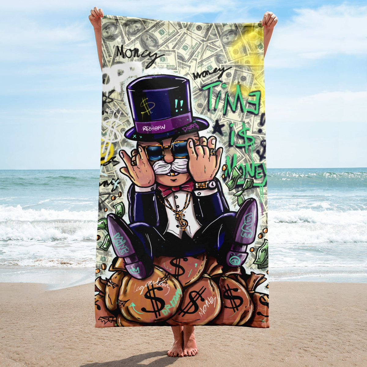 TIME IS MONEY - MONOPOLY MAN BEACH TOWEL – REBHORN DESIGN